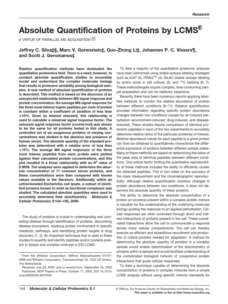 Absolute Quantification of Proteins by LCMS | PDF | Mass Spectrometry ...