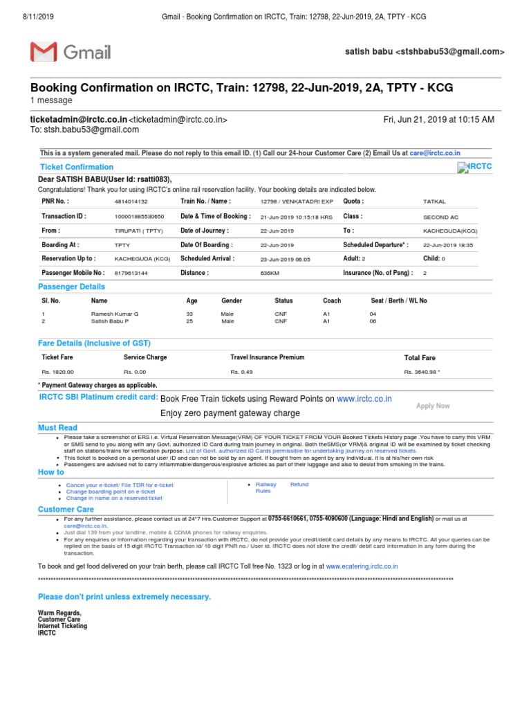Gmail - Booking Confirmation On IRCTC, Train - 12798, 22-Jun-2019, 2A, TPTY - KCG | PDF | Ticket ...