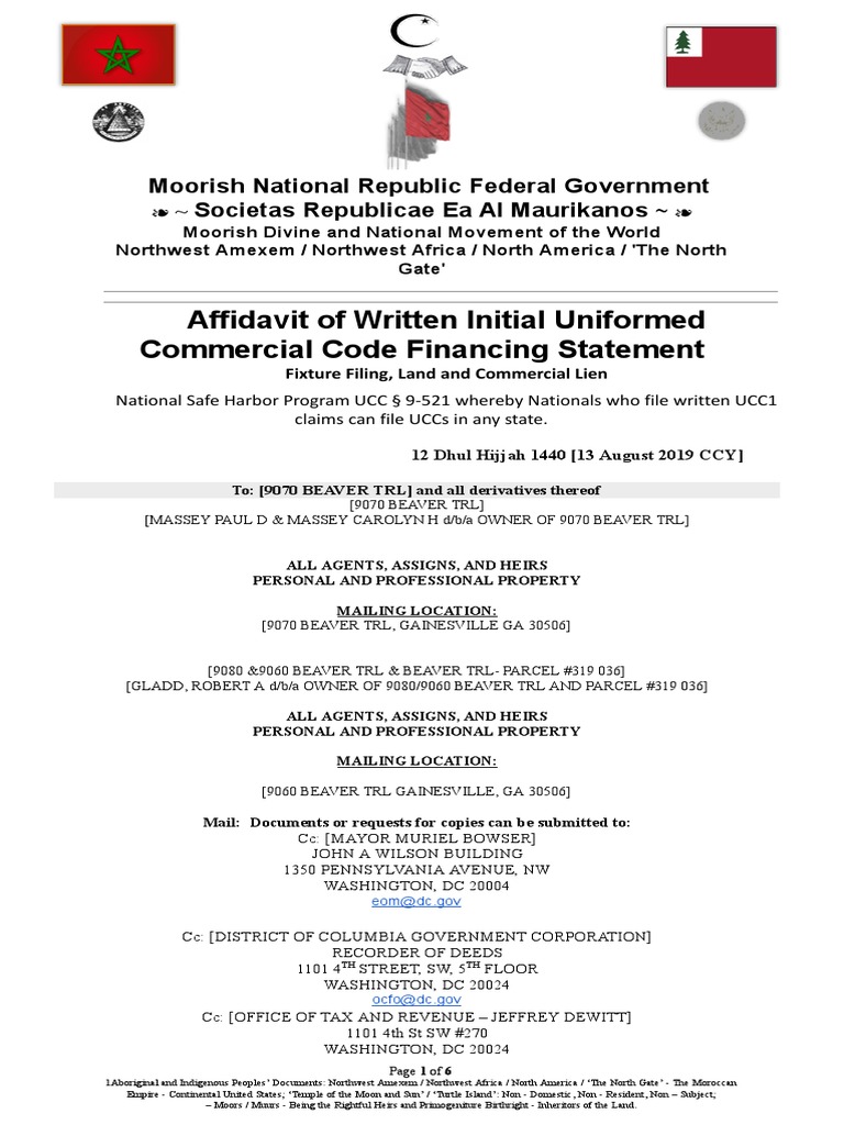 Affidavit of Written Initial Uniformed Commercial Code Financing ...