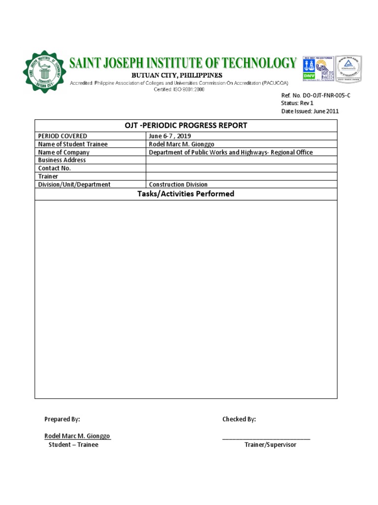 Ojt - Periodic Progress Report: Ref. No. DO-OJT-FNR-005-C Status: Rev 1 Date Issued: June 2011 | PDF