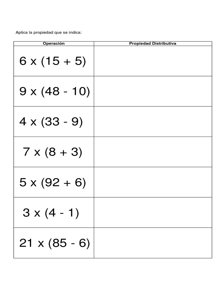 Hojas De Trabajo Sobre La Propiedad Distributiva Para Sexto Grado