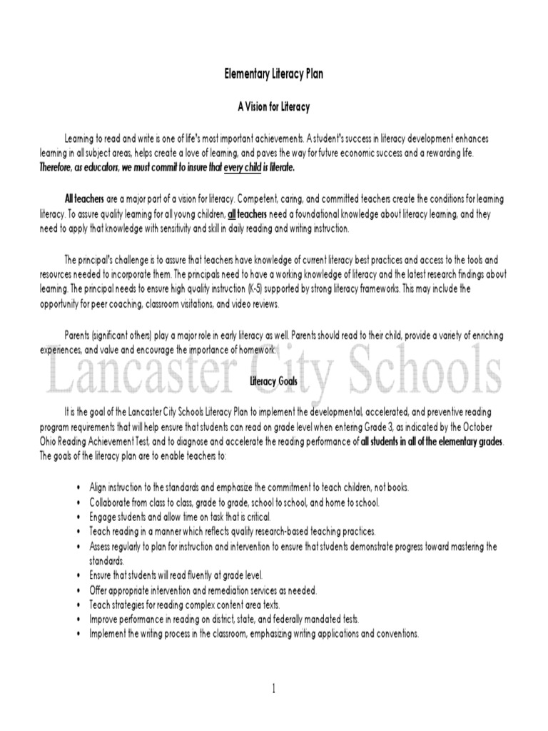 Elementary Literacy Plan: A Vision For Literacy | Download Free PDF ...