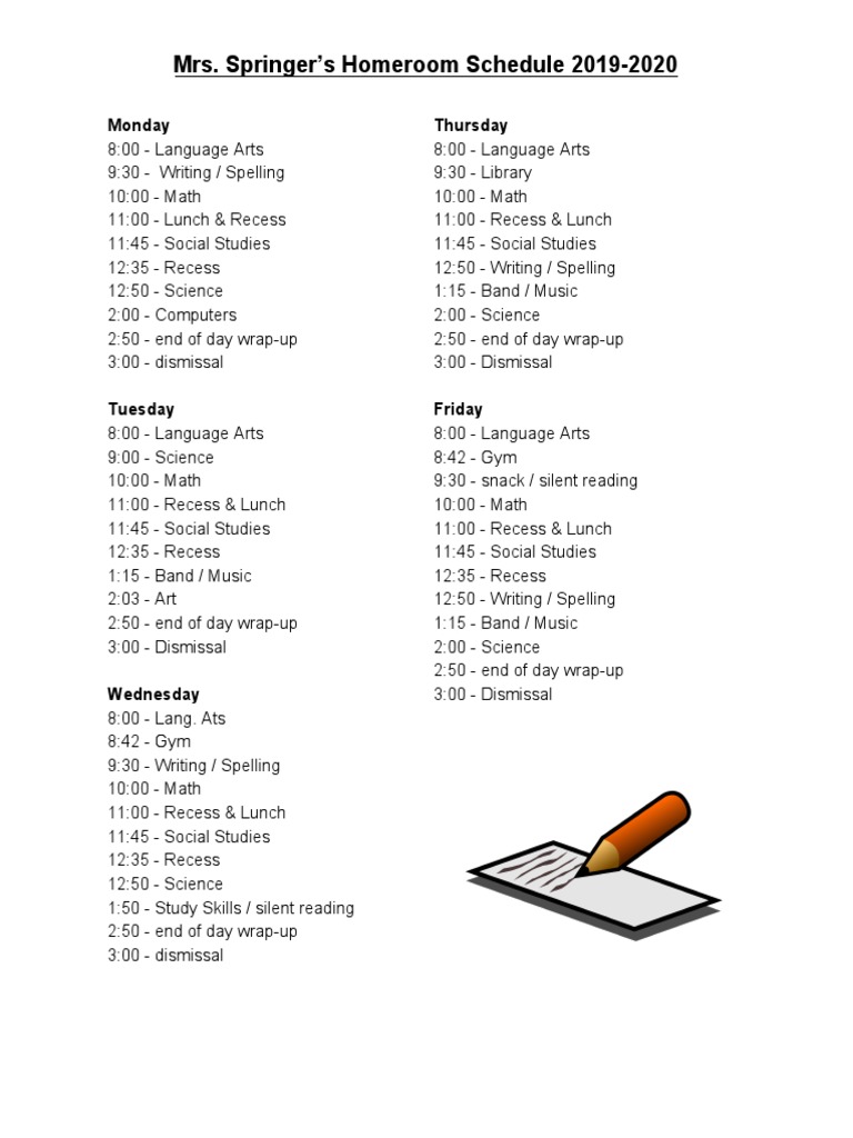 Mrs. Springer's 2019-2020 Homeroom Schedule | PDF