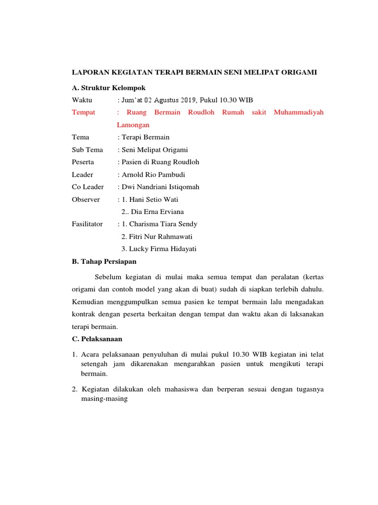Laporan Kegiatan Terapi Bermain Seni Melipat Origami | PDF