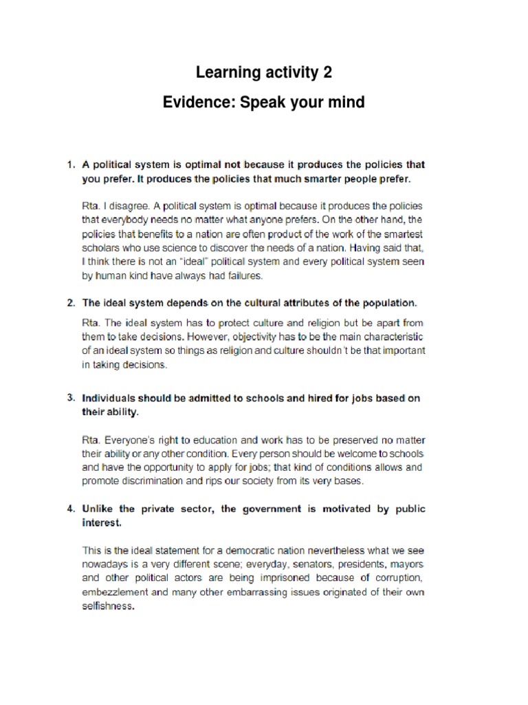 Learning Activity 2 Evidence: Speak Your Mind | PDF