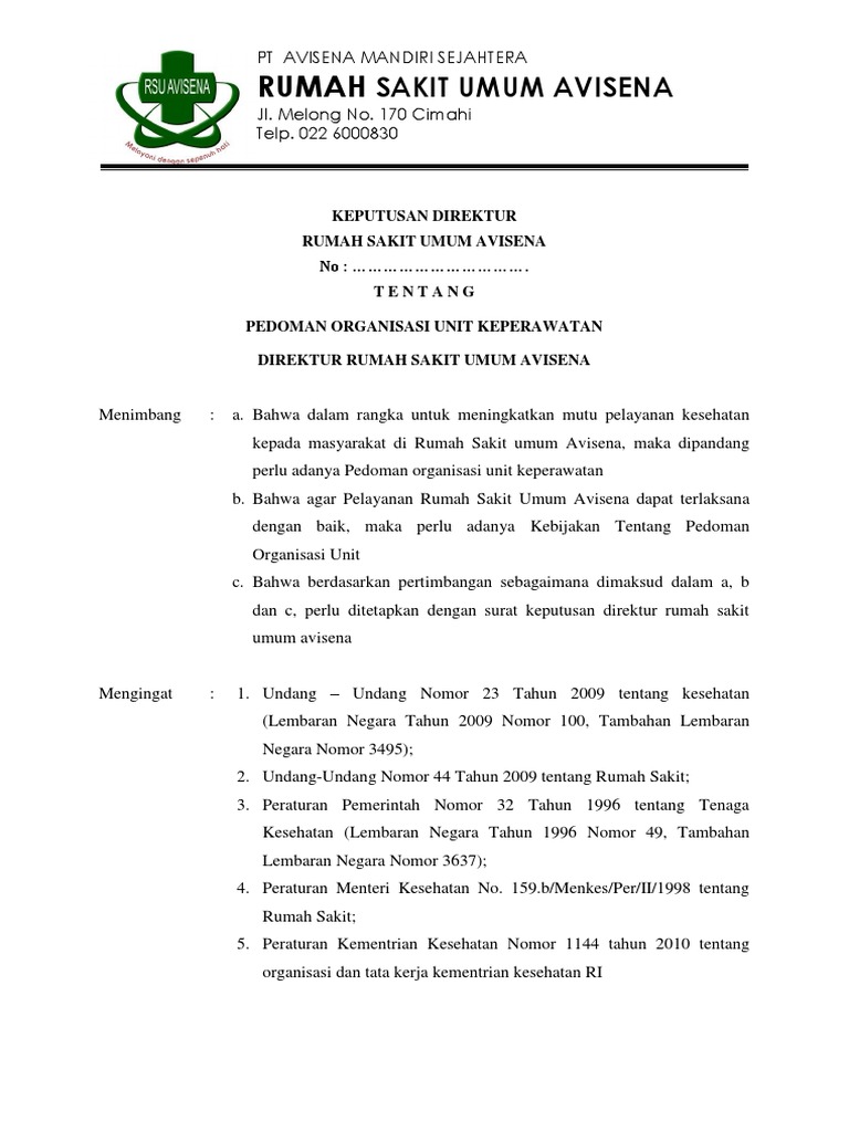 Kebijakan Organisasi Unit Keperawatan Rumah Sakit Umum Avisena | PDF