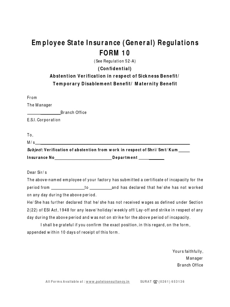 ESIC Form 10: Maternity Benefit Verification | PDF | Social Programs ...