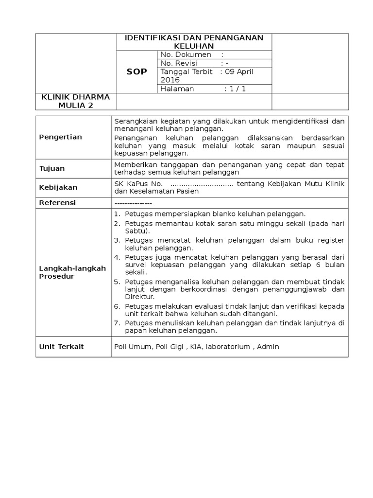 Sop Identifikasi Dan Penanganan Keluhan Pelanggan Klinik DM | PDF