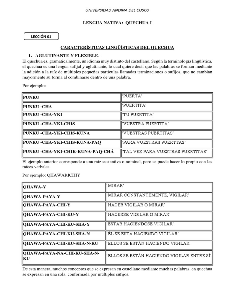 Lección 01características Del Quechua | PDF | Lengua española | Los ...