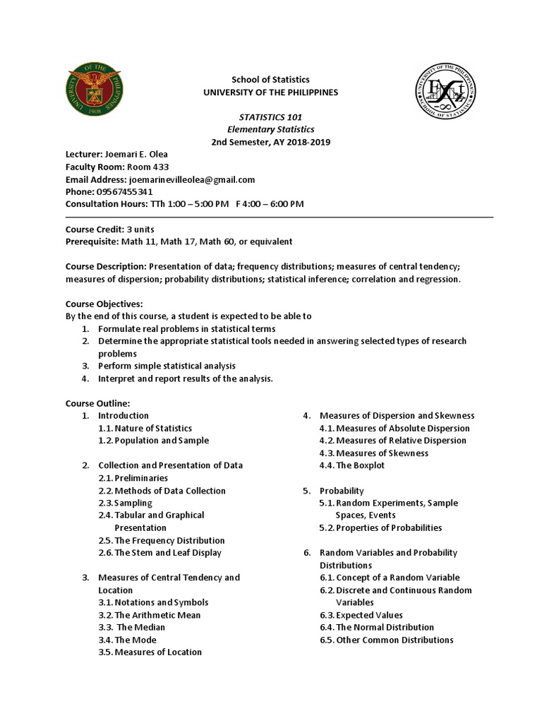 Stat 101 Syllabus | PDF | Expected Value | Probability Distribution