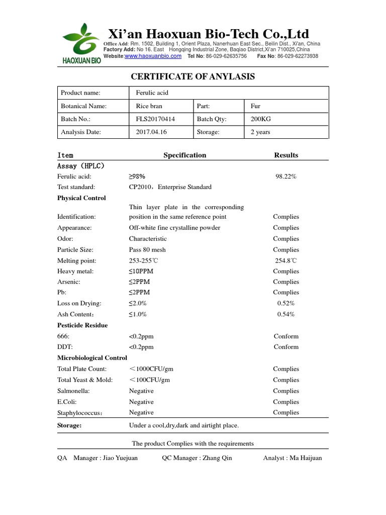 Xi'an Haoxuan Bio-Tech Co.,Ltd: Certificate of Anylasis | PDF ...
