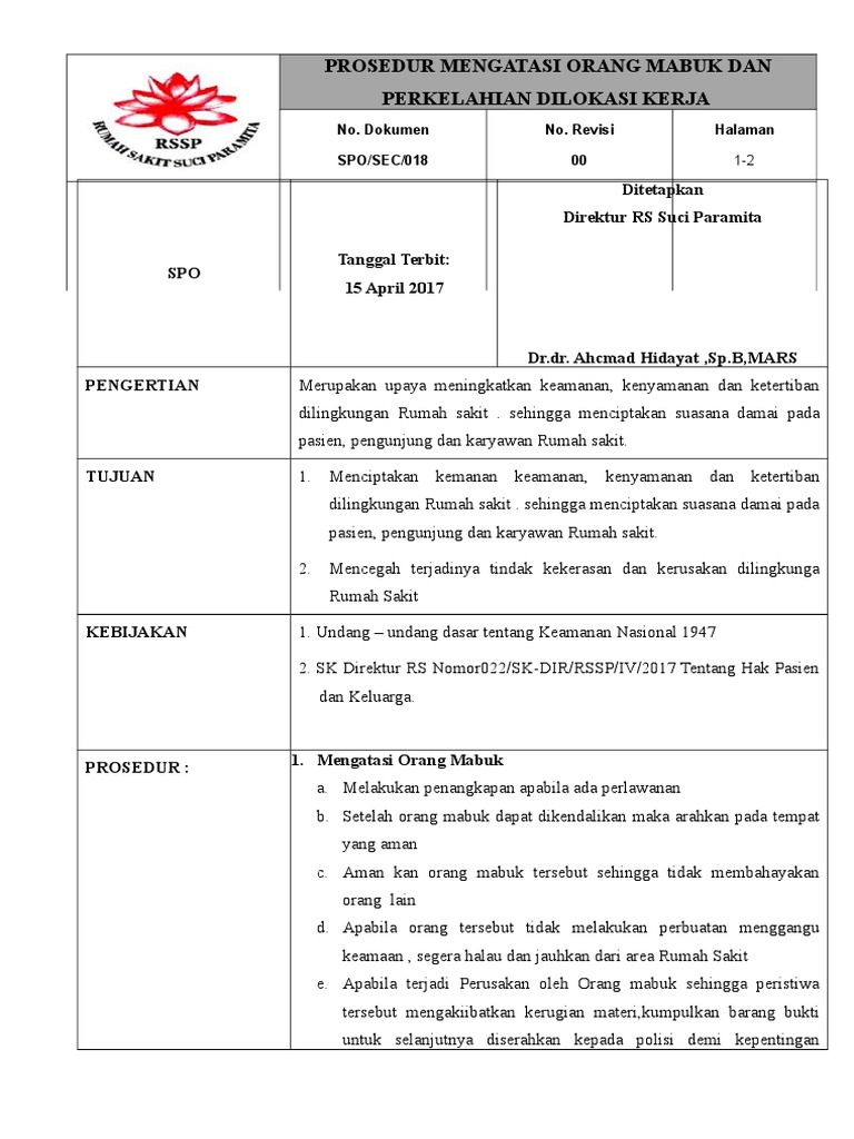 Spo Mengatasi Orang Mabuk Dan Perkelahian Dilokasi Kerja | PDF