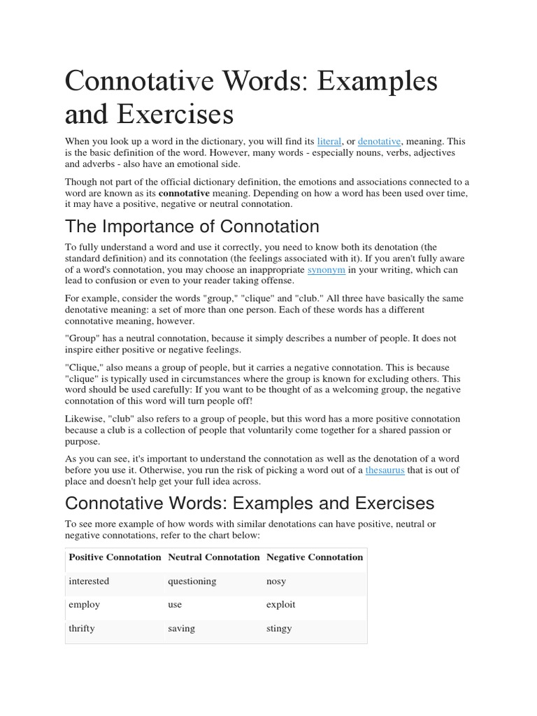 Connotative Words: Examples and Exercises: The Importance of ...