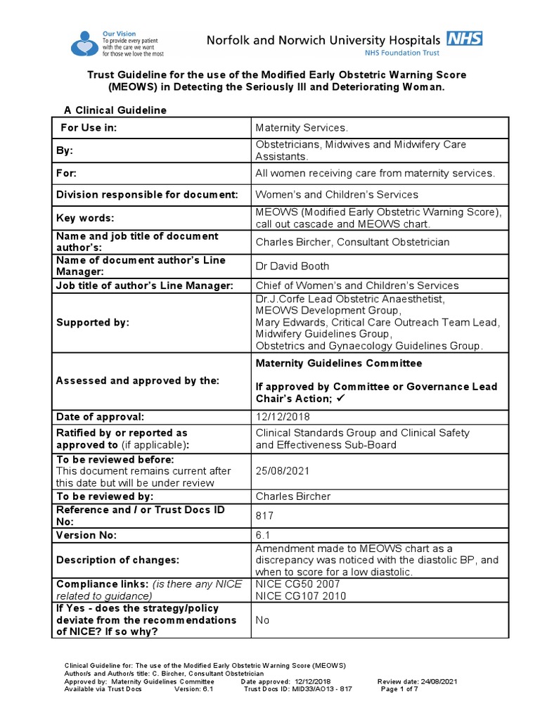 Modified Early Obstetric Warning Score MEOWS MID33 AO13 v6.1 | PDF ...