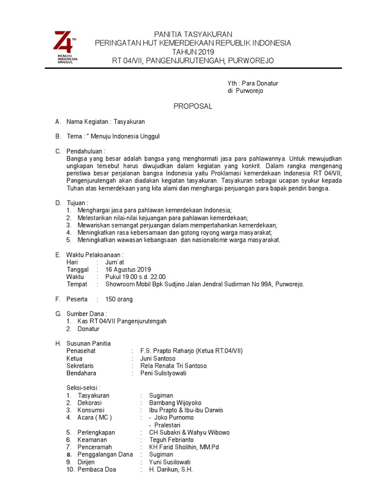 Proposal Tasyakuran RT 4 Tahun 2019 | PDF