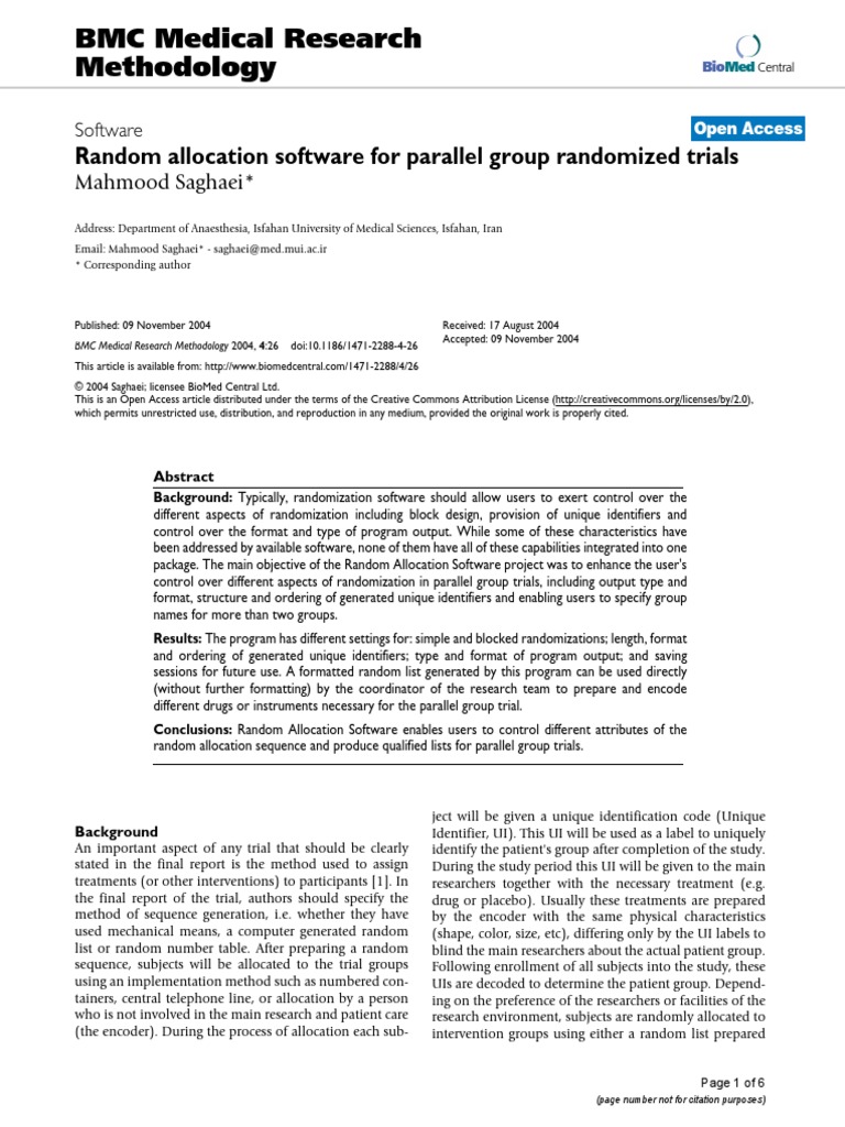 BMC Medical Research Methodology: Random Allocation Software For Parallel Group Randomized ...