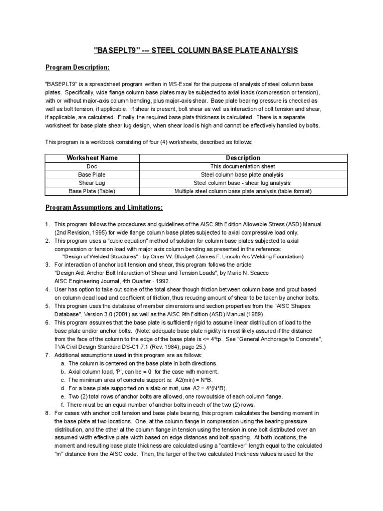 "Baseplt9" - Steel Column Base Plate Analysis: Program Description ...