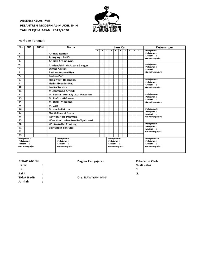 Rekap Absensi Pesantren 2019/2020 | PDF