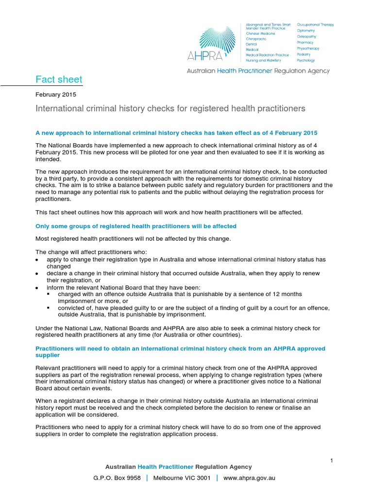 AHPRA Fact Sheet International Criminal History Checks For Registered ...