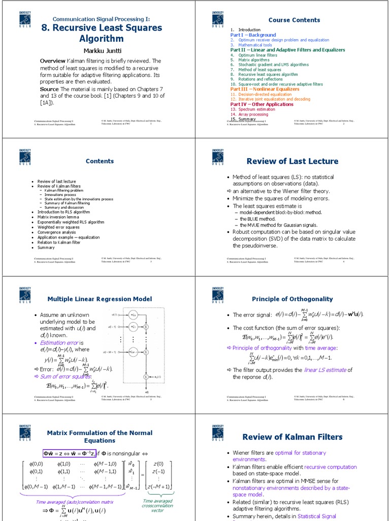 Recursive Least Squares Algorithm: Markku Juntti | PDF | Kalman Filter | Applied Mathematics