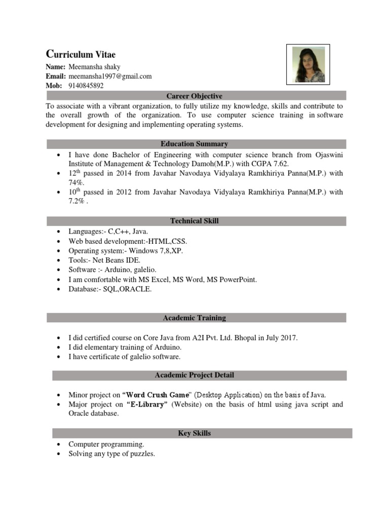 Urriculum Vitae: Career Objective | PDF | Java (Programming Language) | Databases