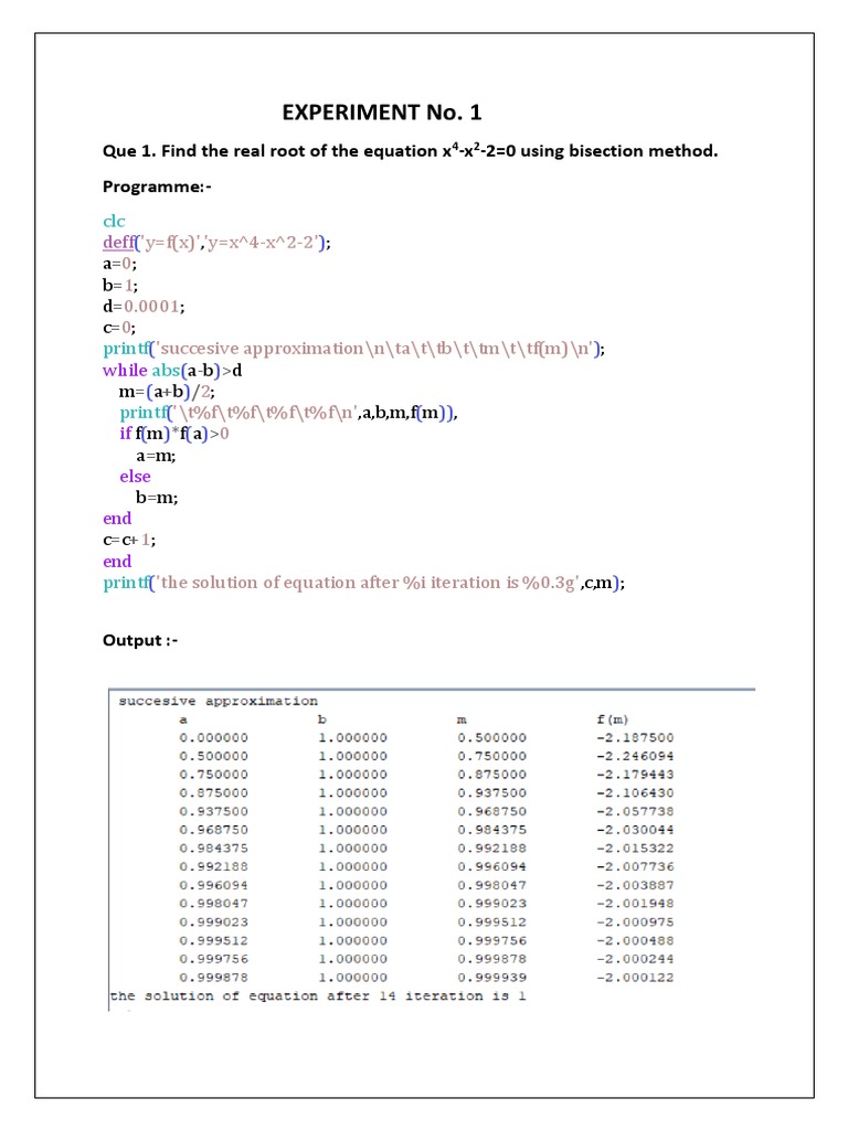 Experiment No. 1: Que 1. Find The Real Root of The Equation X - X - 2 0 ...