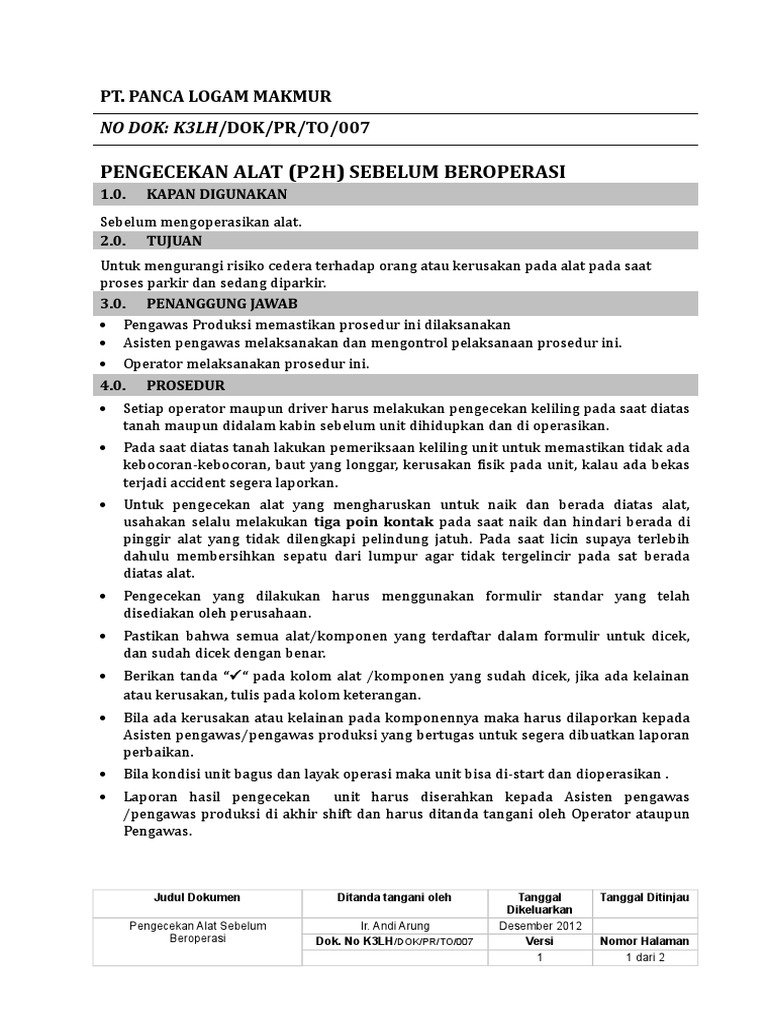 Pengecekan Alat (P2H) Sebelum Beroperasi: NO DOK: K3LH/DOK/PR/TO/007 | PDF