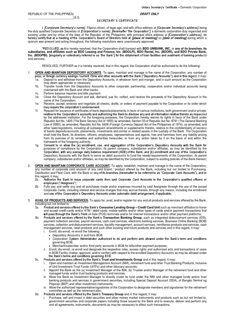 BDO Secretary's Certificate | PDF | Banks | Securities (Finance)