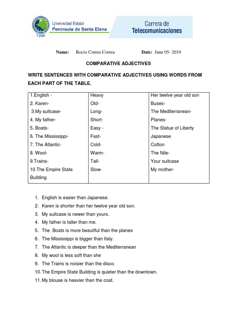 Comparing Adjectives: A Student Practice Exercise with Sentences Using ...
