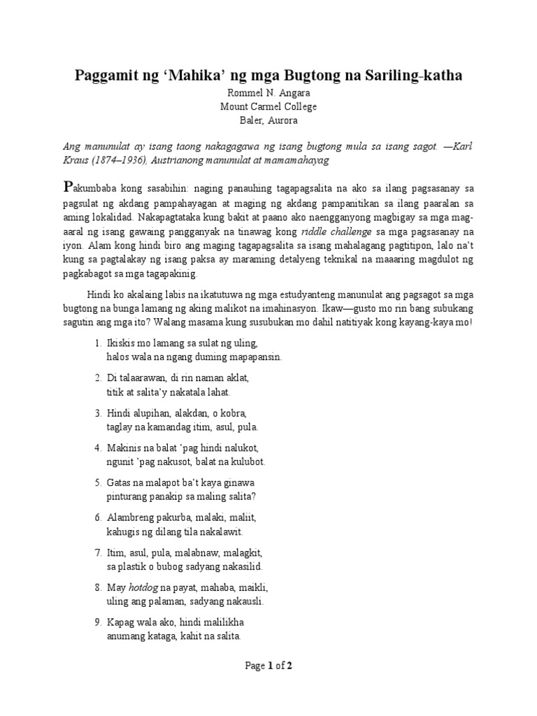 Paggamit NG 'Mahika' NG Mga Bugtong Na Sariling-Katha Ni Rommel N ...