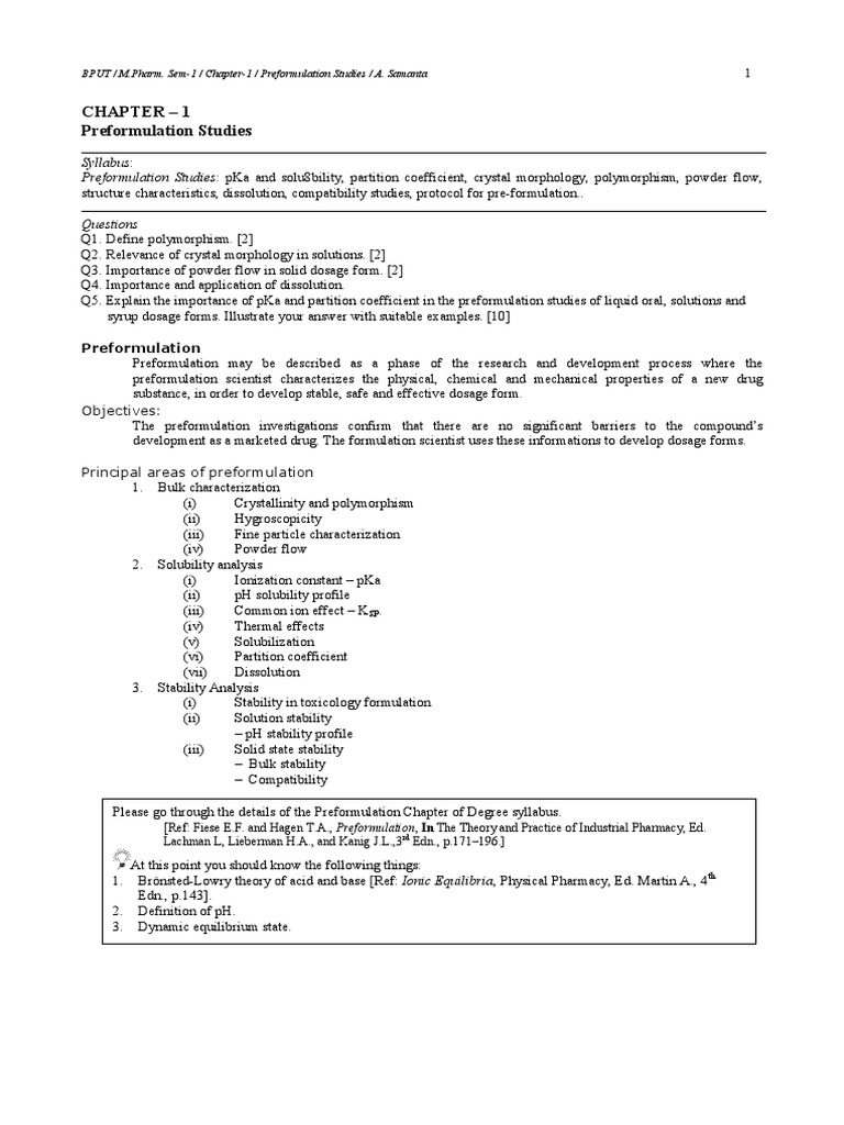 CHAPTER 1 Preformulation Studies | PDF | Solubility | Acid Dissociation ...