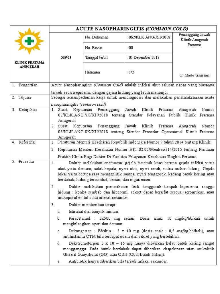 62.sop Acute Nasopharingitis (Common Cold) | PDF