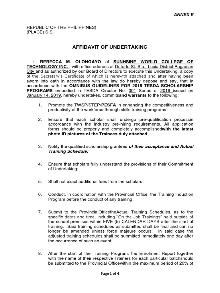 Annex E Affidavit of Undertaking (PESFA) | PDF | Regulatory Compliance ...