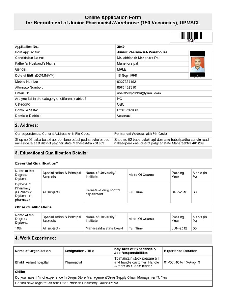 Online Application Form For Recruitment of Junior Pharmacist-Warehouse ...