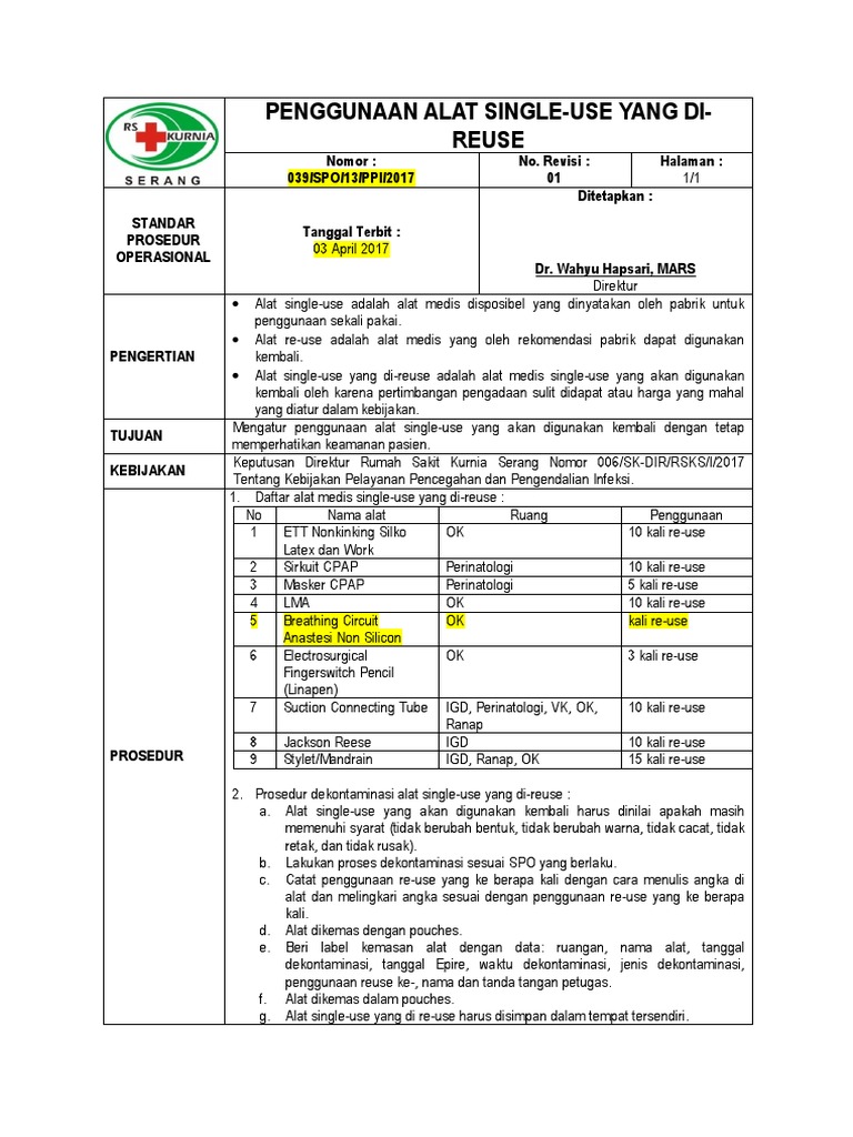 Spo Penggunaan Alat Single-Use Yang Di-Reuse Revisi | PDF