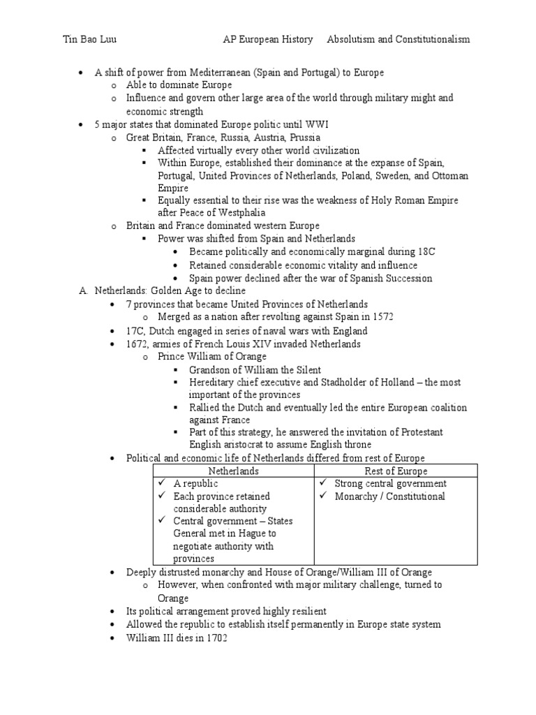 AP Euro Absolutism Constitutionalism | PDF | Absolute Monarchy | Oliver ...
