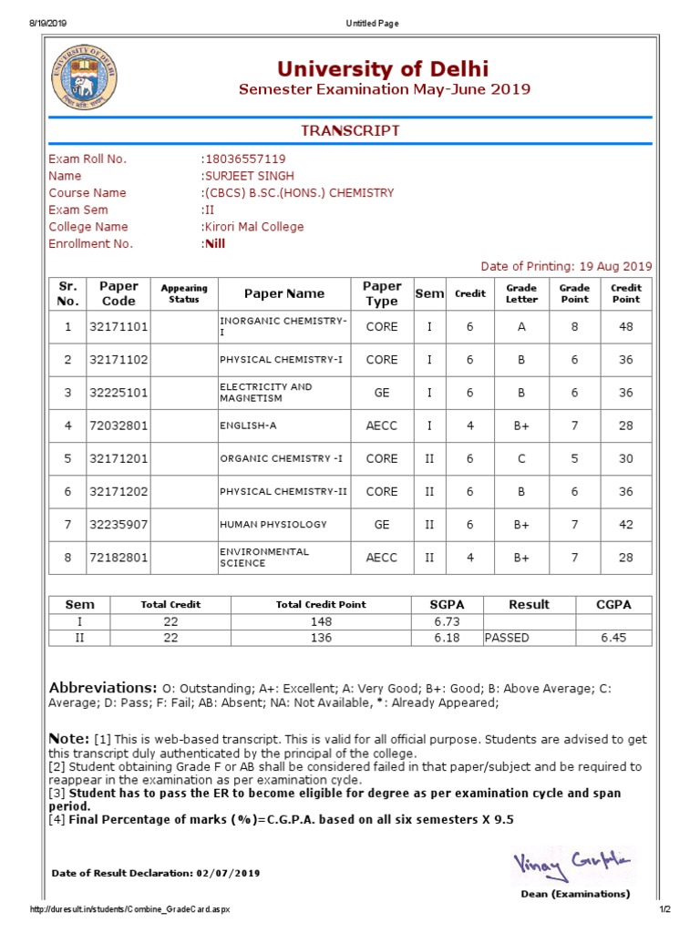 University of Delhi: Semester Examination May-June 2019 Transcript ...