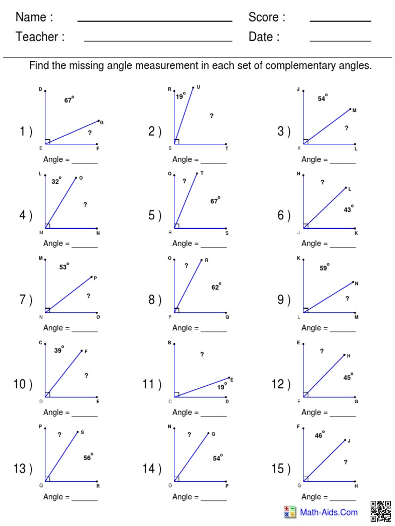 Name: Teacher: Date: Score:: Find The Missing Angle Measurement in Each ...