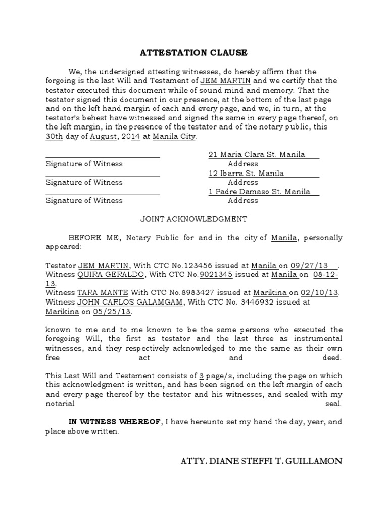 Attestation Clause - Last Will and Testament | PDF | Will And Testament ...