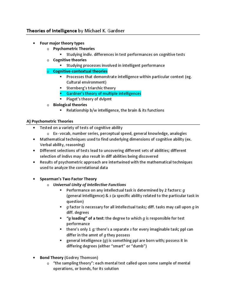 Theories of Intelligence by Michael K. Gardner: Four Major Theory Types ...