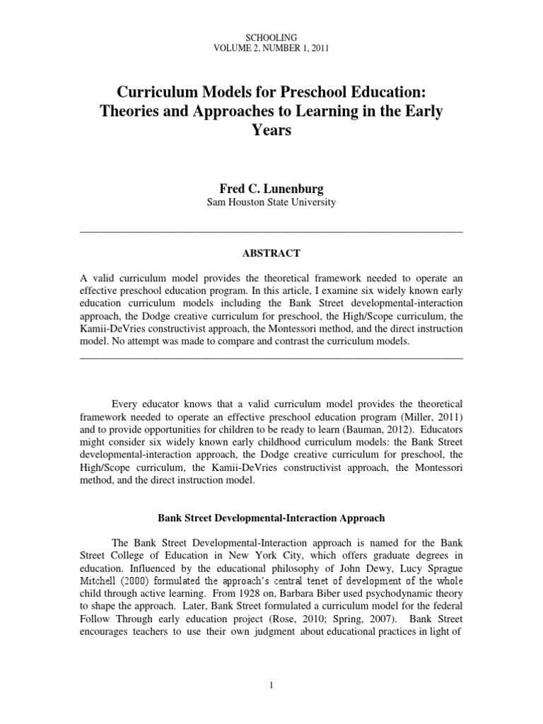 Curriculum Models For Preschool Education: Theories and Approaches To ...