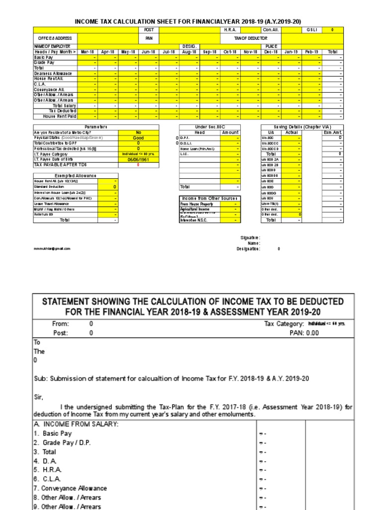 Income Tax Calculation Sheet For Financialyear 2018-19 (A.Y.2019-20 ...