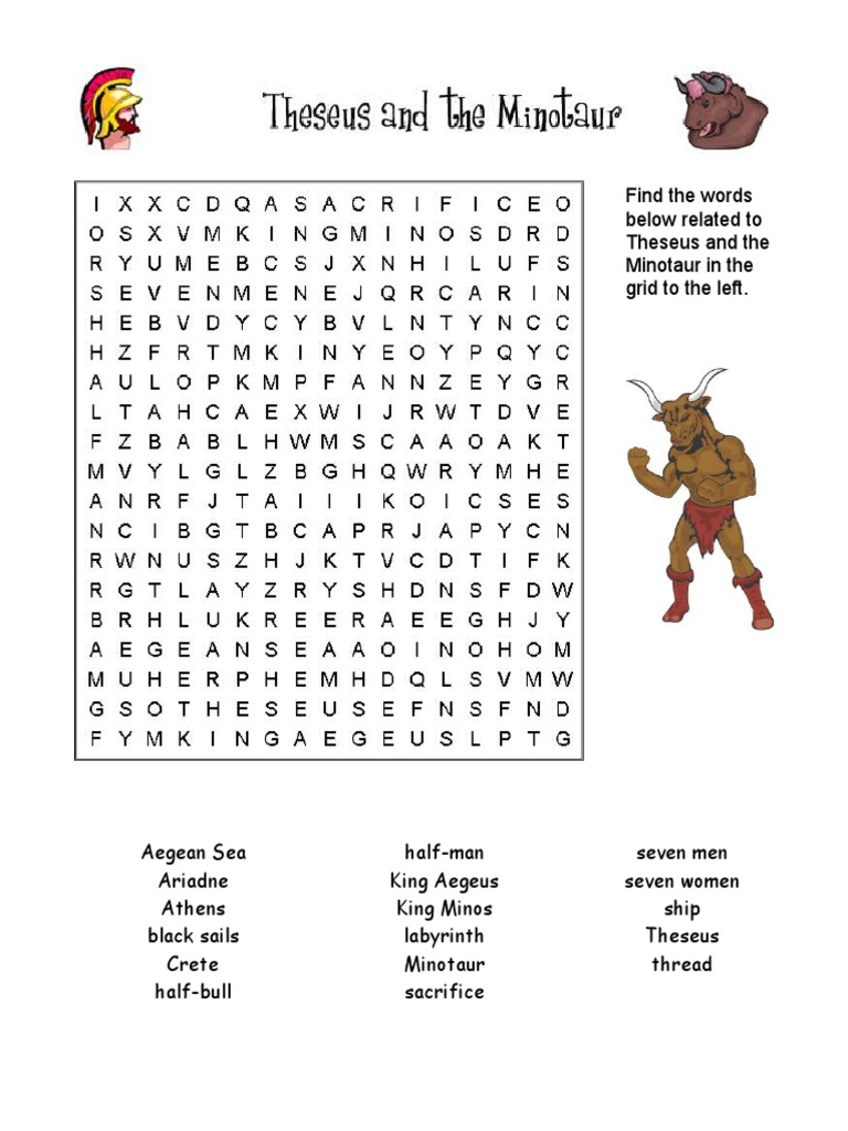 Find The Words Below Related To Theseus and The Minotaur in The Grid To ...