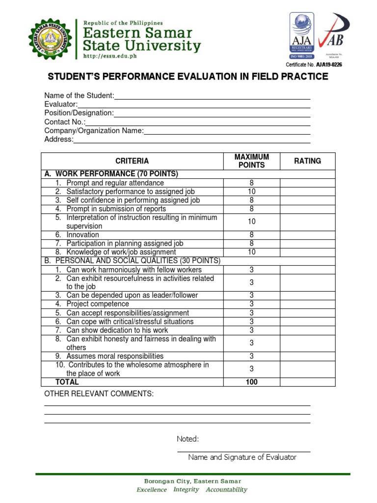 Student'S Performance Evaluation in Field Practice | PDF