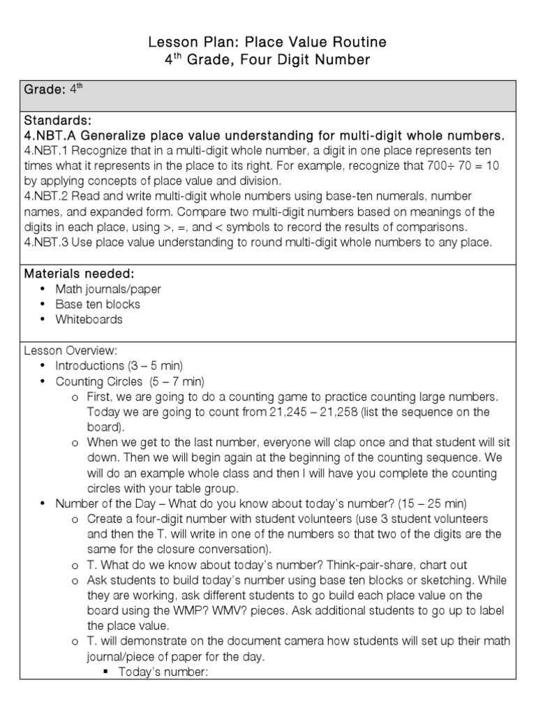 4.place Value Routine 4th Grade Lesson Plan | PDF | Numbers | Cognitive ...