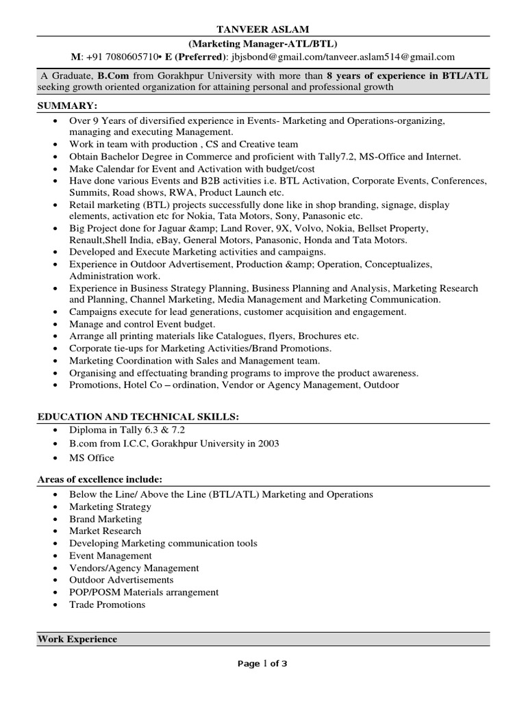 Resume and Experience Summary of Tanveer Aslam Seeking a Marketing ...