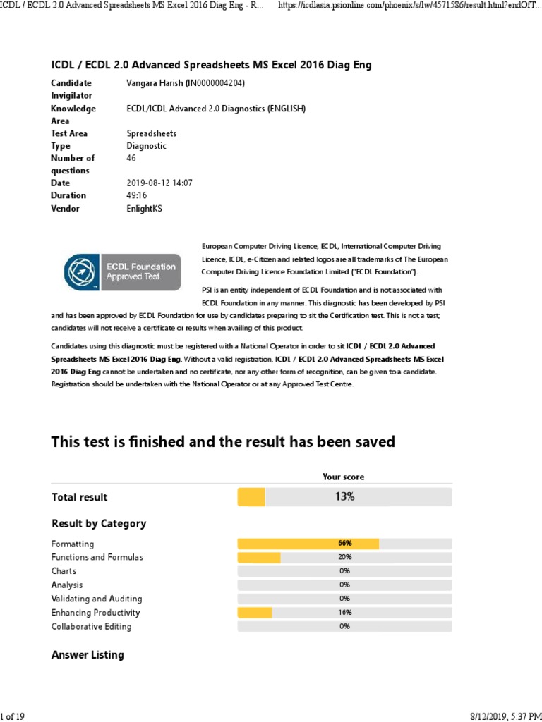 This Test Is Finished and The Result Has Been Saved: ICDL / ECDL 2.0 ...