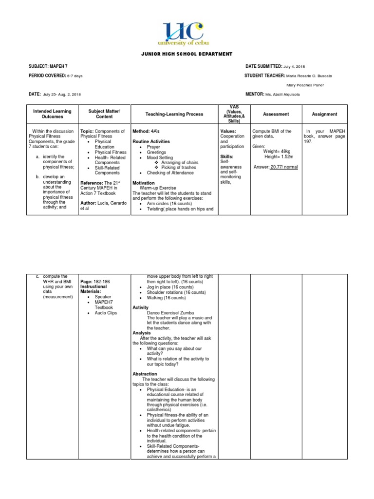 Subject: Mapeh 7 DATE SUBMITTED: July 4, 2018 PERIOD COVERED: 6-7 Days ...