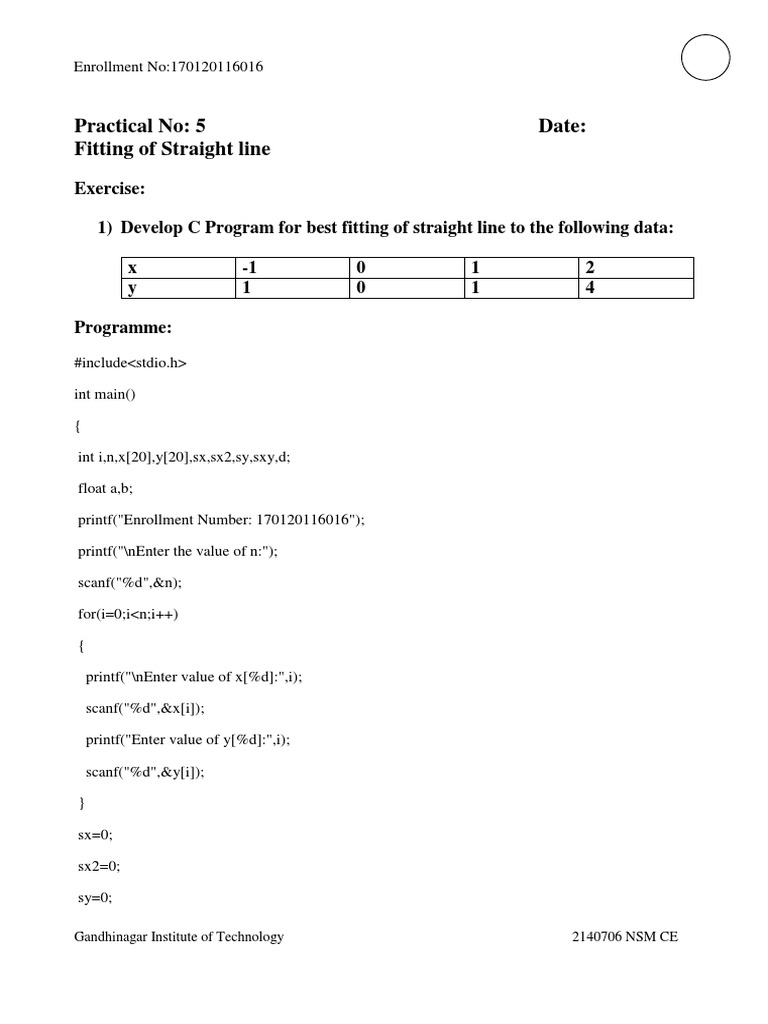 Practical No: 5 Date: Fitting of Straight Line | PDF