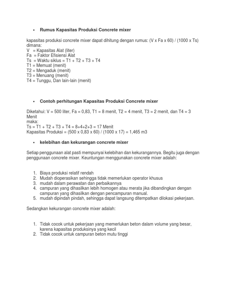 Rumus Kapasitas Produksi Concrete Mixer | PDF | Teknologi & Rekayasa ...